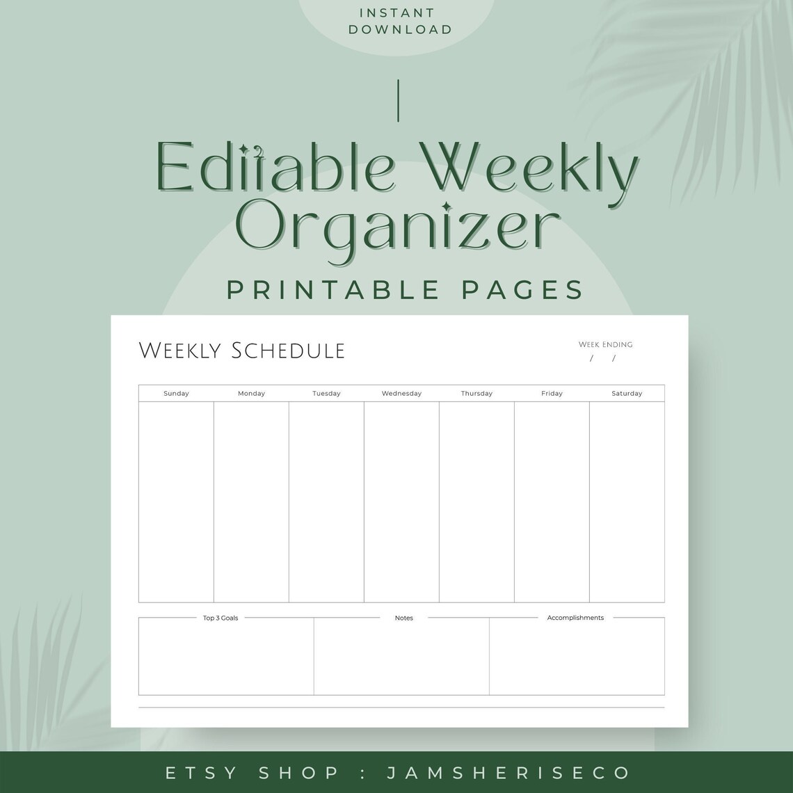 Editable Weekly Planner Template With Monday and Sunday Start. Week at ...
