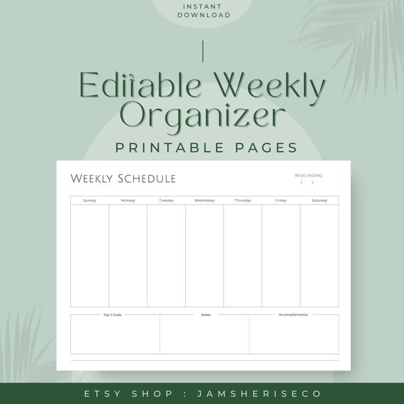Editable Weekly Planner Template With Monday and Sunday Start. | Etsy
