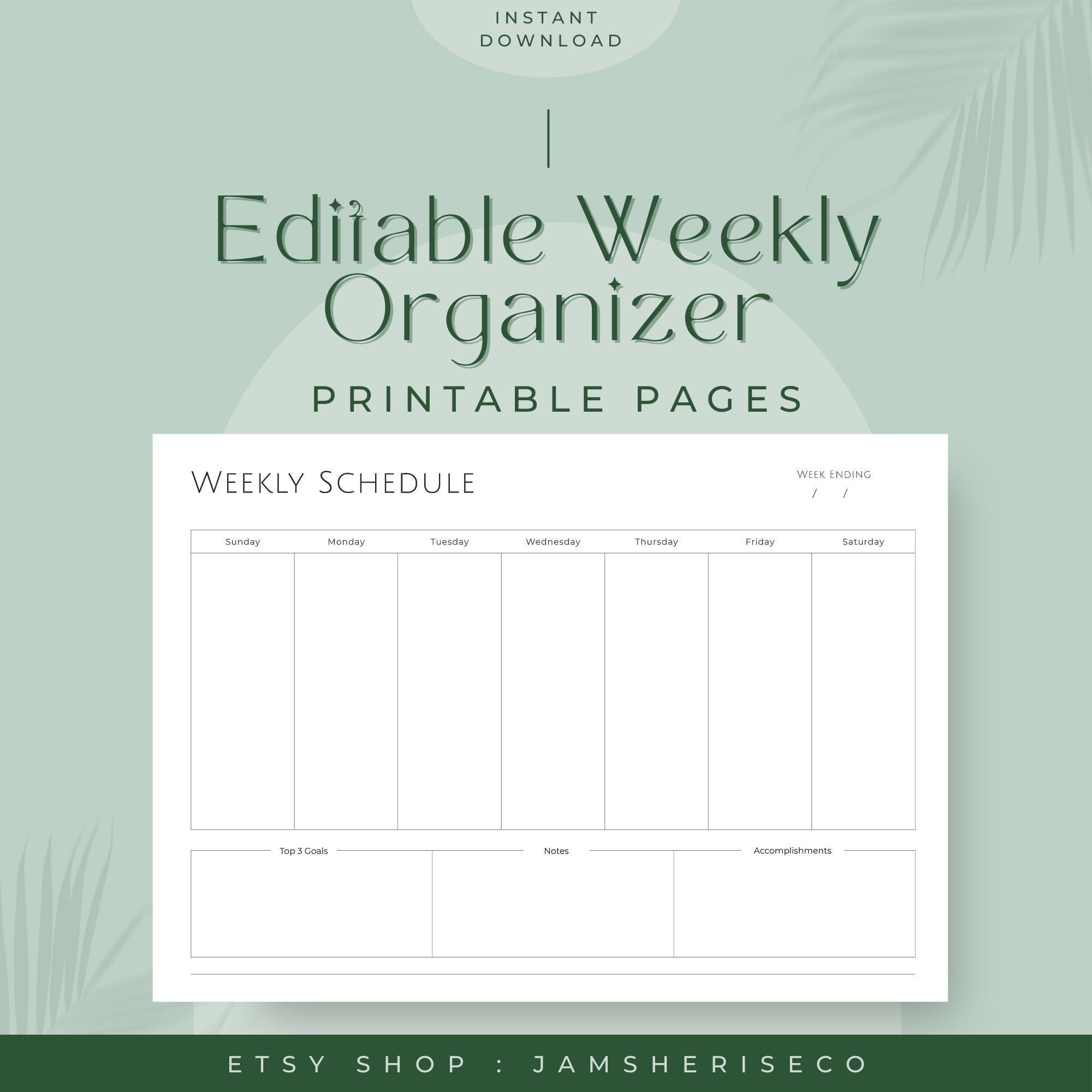 Editable Weekly Planner Template With Monday and Sunday Start. Week at ...