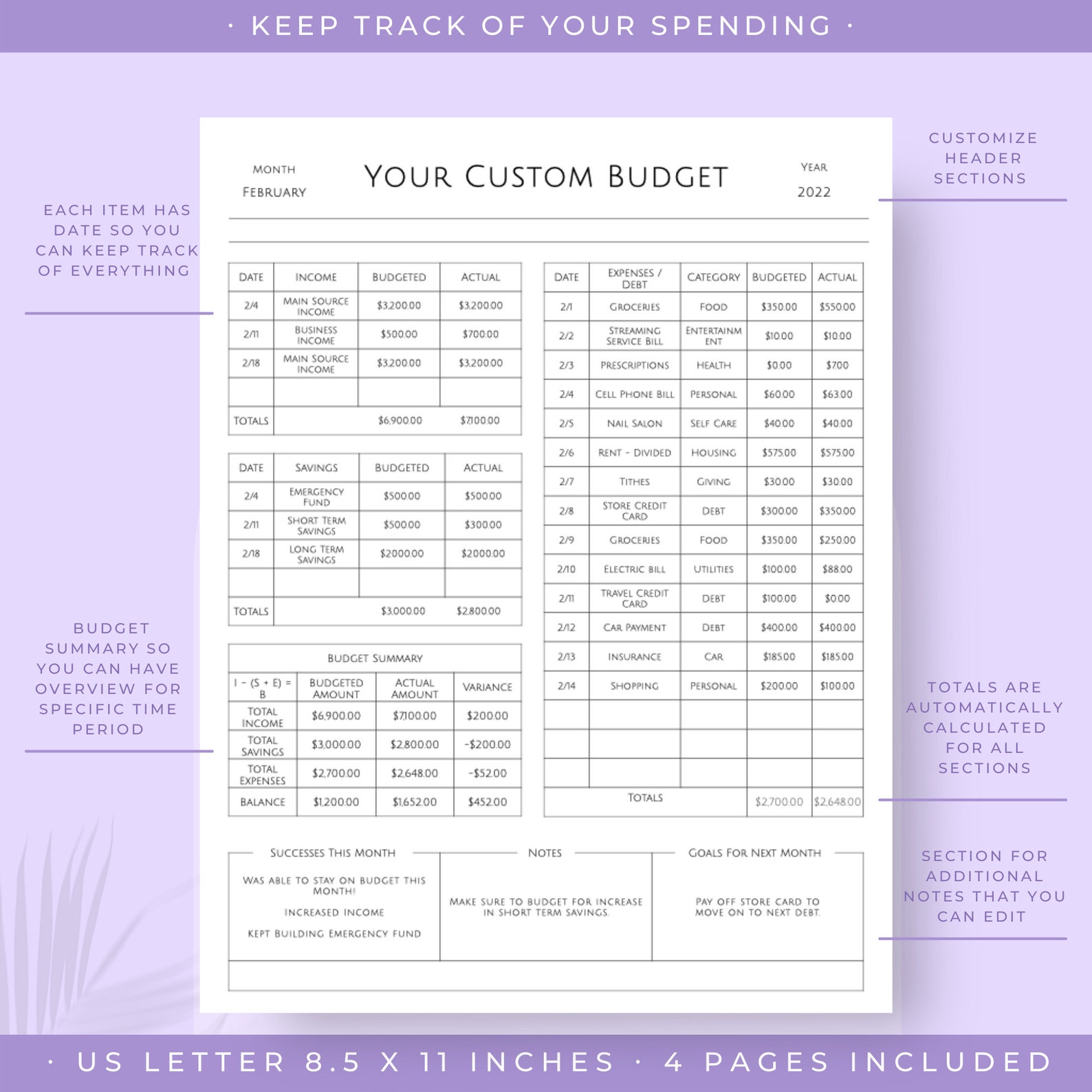 Editable Monthly Budget Template With Automatic Calculated Fields ...