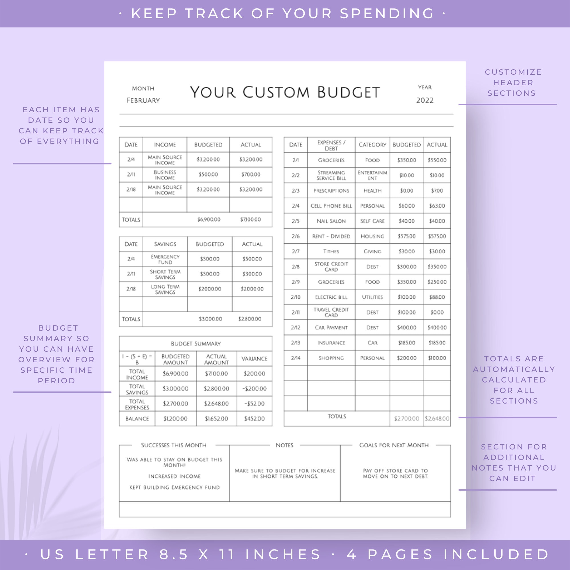 Editable Monthly Budget Template With Automatic Calculated Fields ...