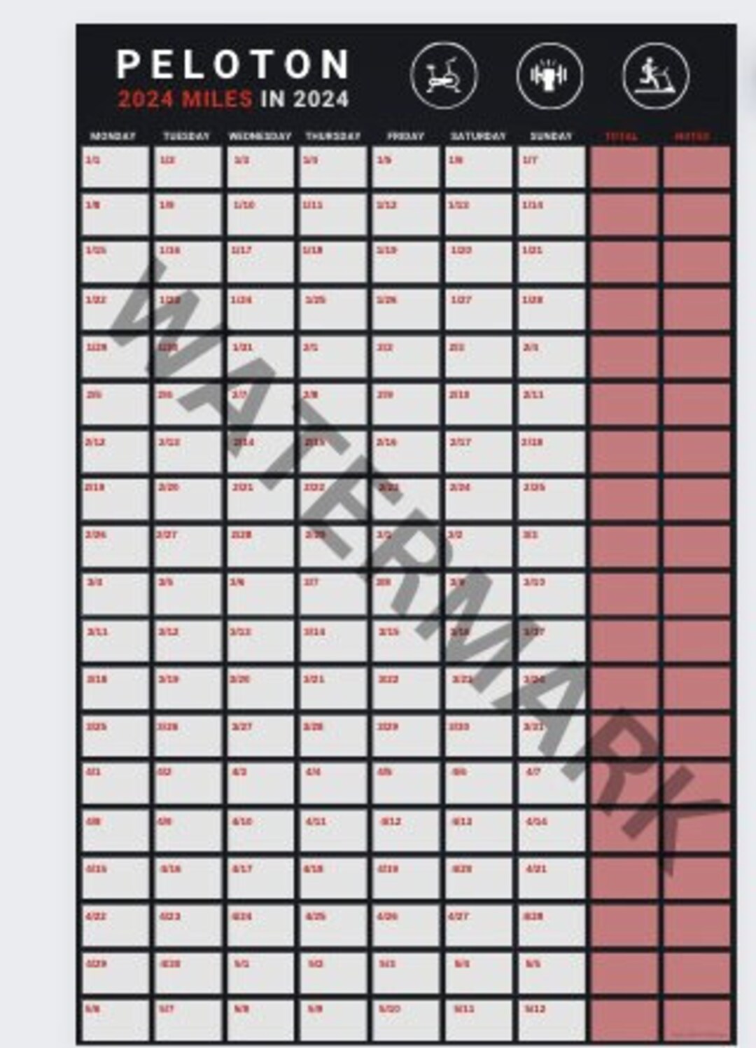 2024 Miles in 2024 Workout Tracker Bike, Strength, Tread Logos 11x17, 3 ...