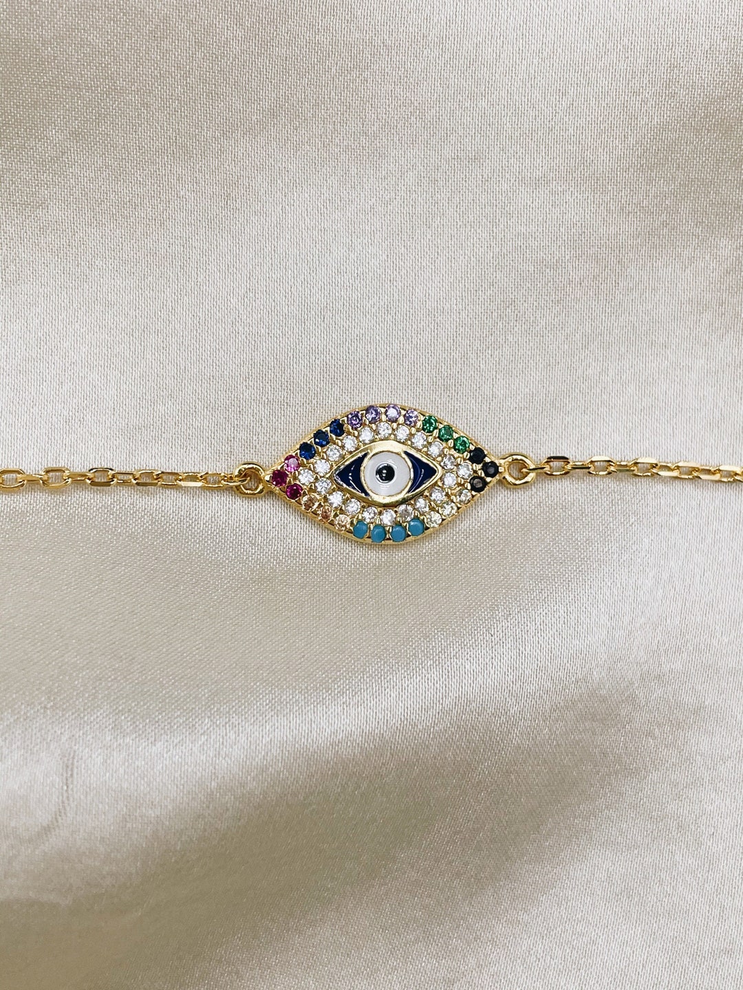 Rainbow Evil Eye Bracelet Minimal Chain Bracelet Protection Charm Bracelet Layering Bracelet 18K ...