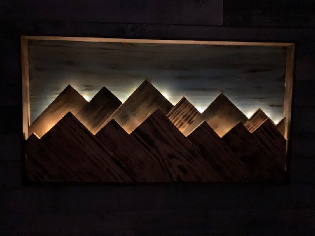 Large Mountain Illuminated Wall Art - Handmade - Stained - LED Lighted ...