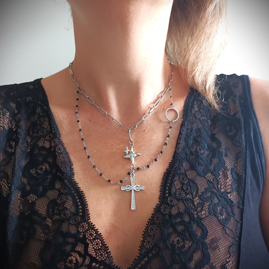 Y2K Necklace. Infinity Crystal Cross & Star Black Beaded Chunky Choker ...