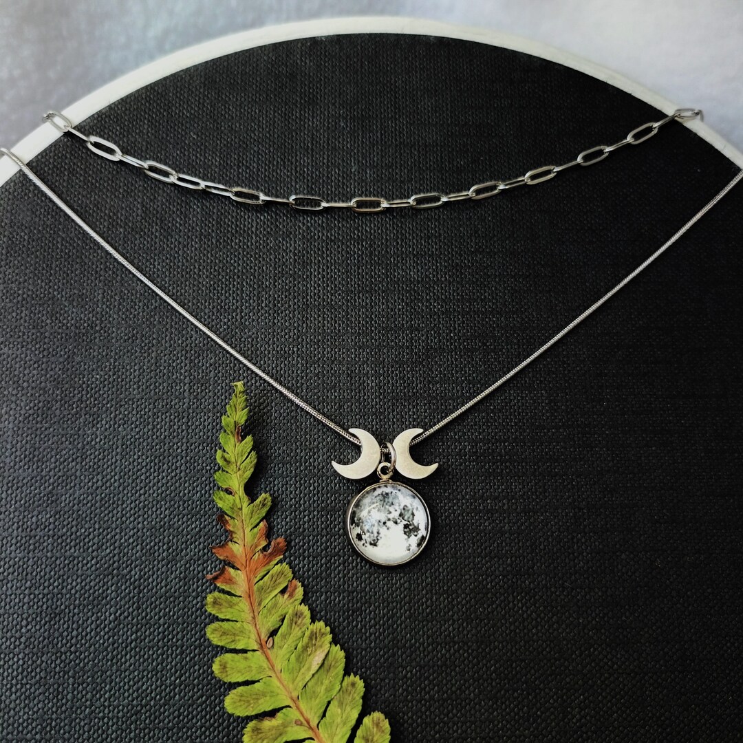 Triple Moon Necklace. Layered Moon Phase Necklace Paperclip. Dark ...