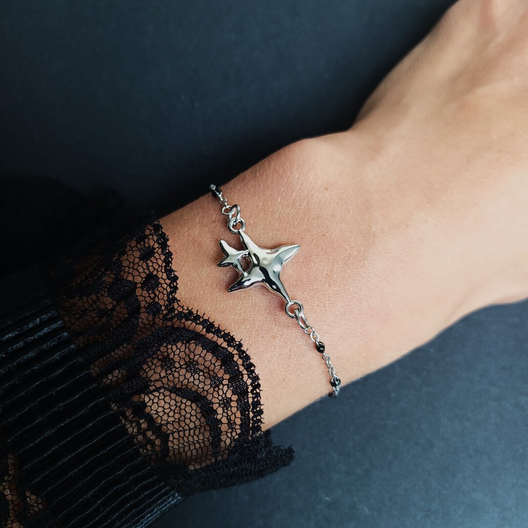 Y2K Grunge Bracelet - Star Cross. Black Beaded Chain Bangle. Goth ...