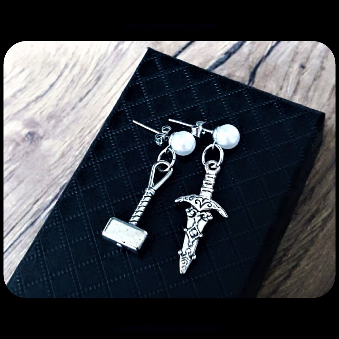 Loki and Thor Earrings. Pearl Dagger and Hammer Earrings. Alt Jewellery ...