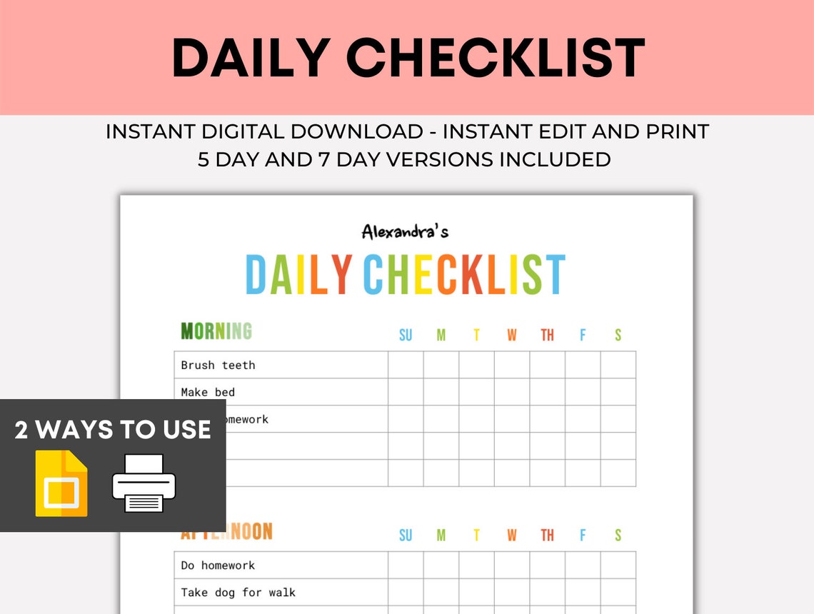 Daily Checklist for Kids, Chore Chart for Kids, Printable Editable ...