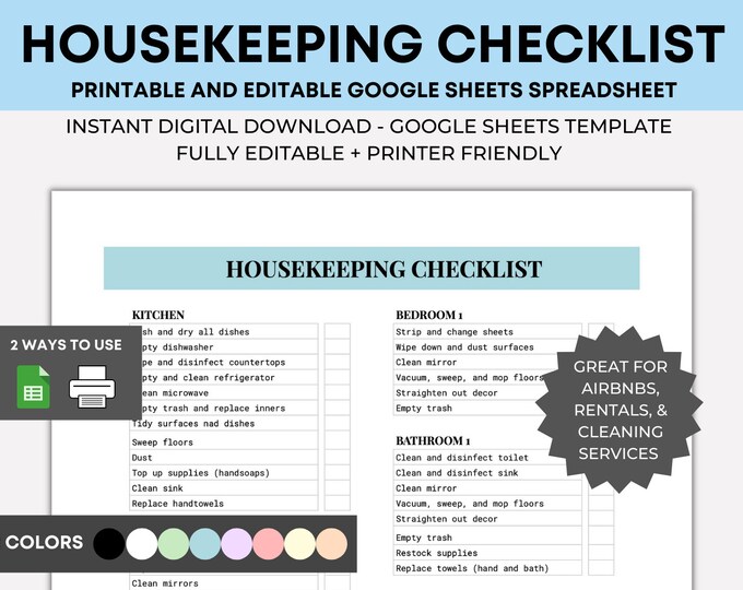 Housekeeping Checklist, Printable Template, Editable File, Cleaning ...
