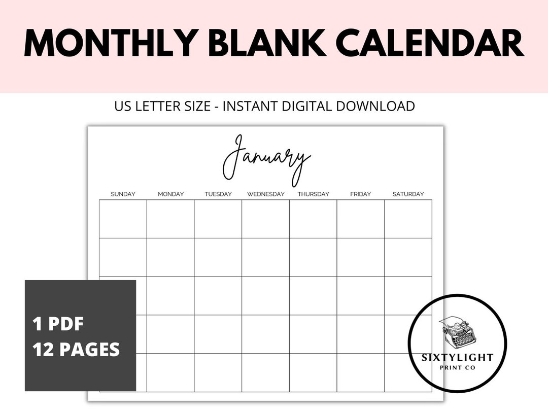 Monthly Blank Calendar, Printable Calendar, Printable Monthly Calendar ...