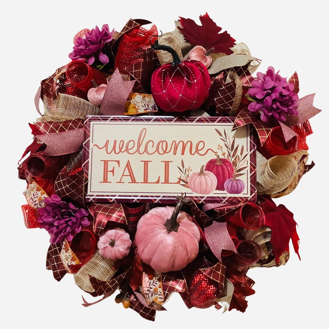 Pink and Burgundy Fall Welcome Wreath, Pink Pumpkins Door Decor ...