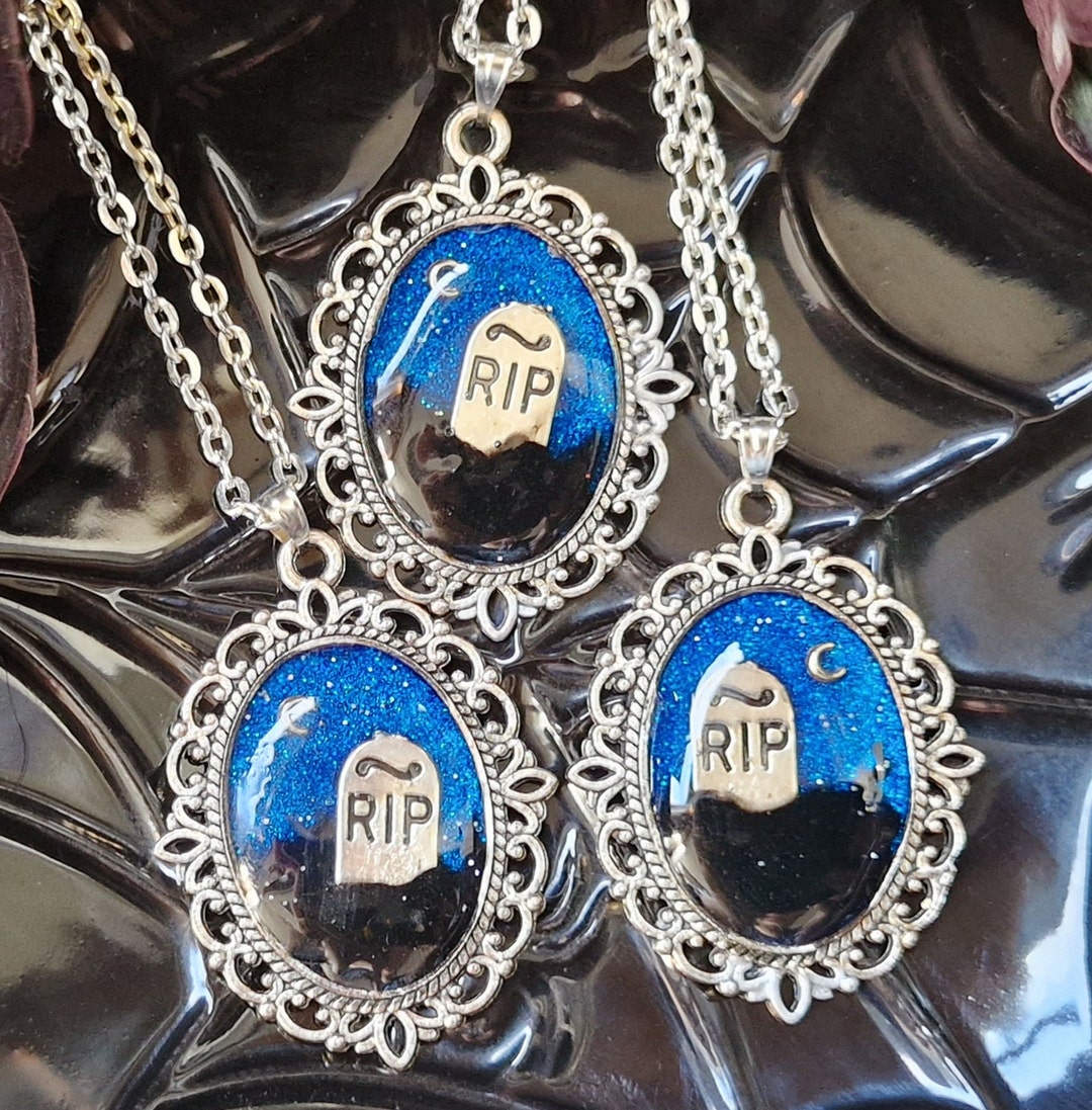 Graveyard Scene Hand Painted & Collaged Spooky Goth Necklace RIP Grave ...