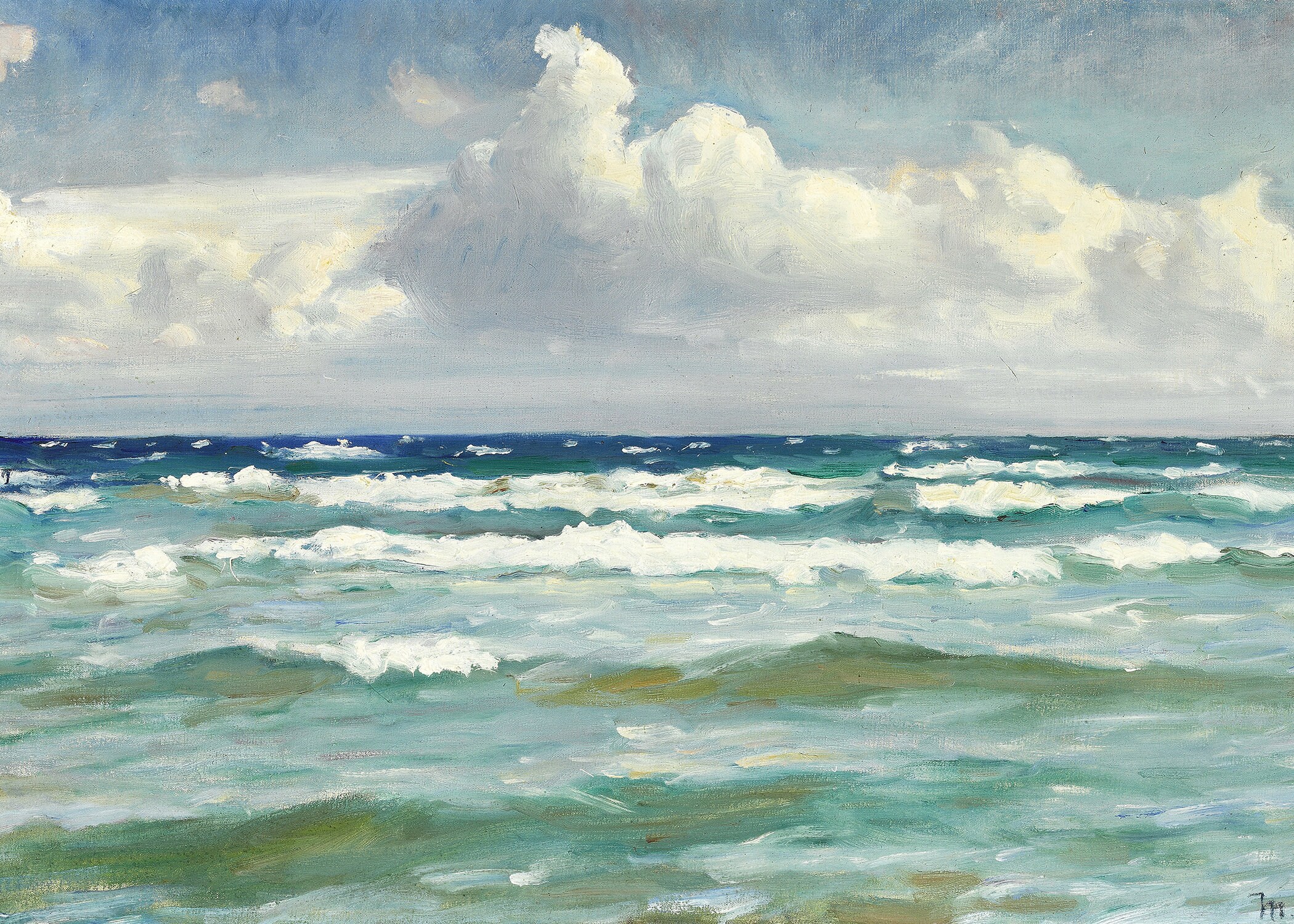 Blue Ocean Sea Nautical Coastal Painting | Vintage French Antique Oil ...