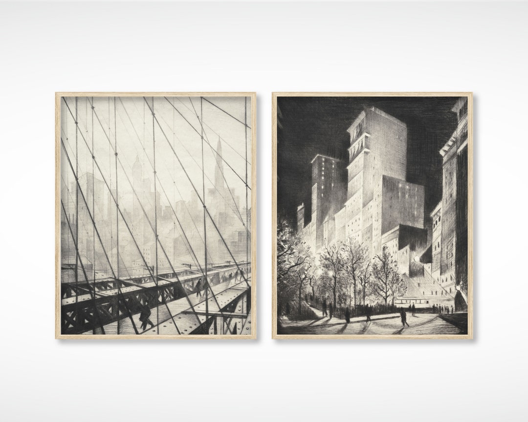 Vintage Black and White New York City Sketch Skyline Set of 2 Drawing ...