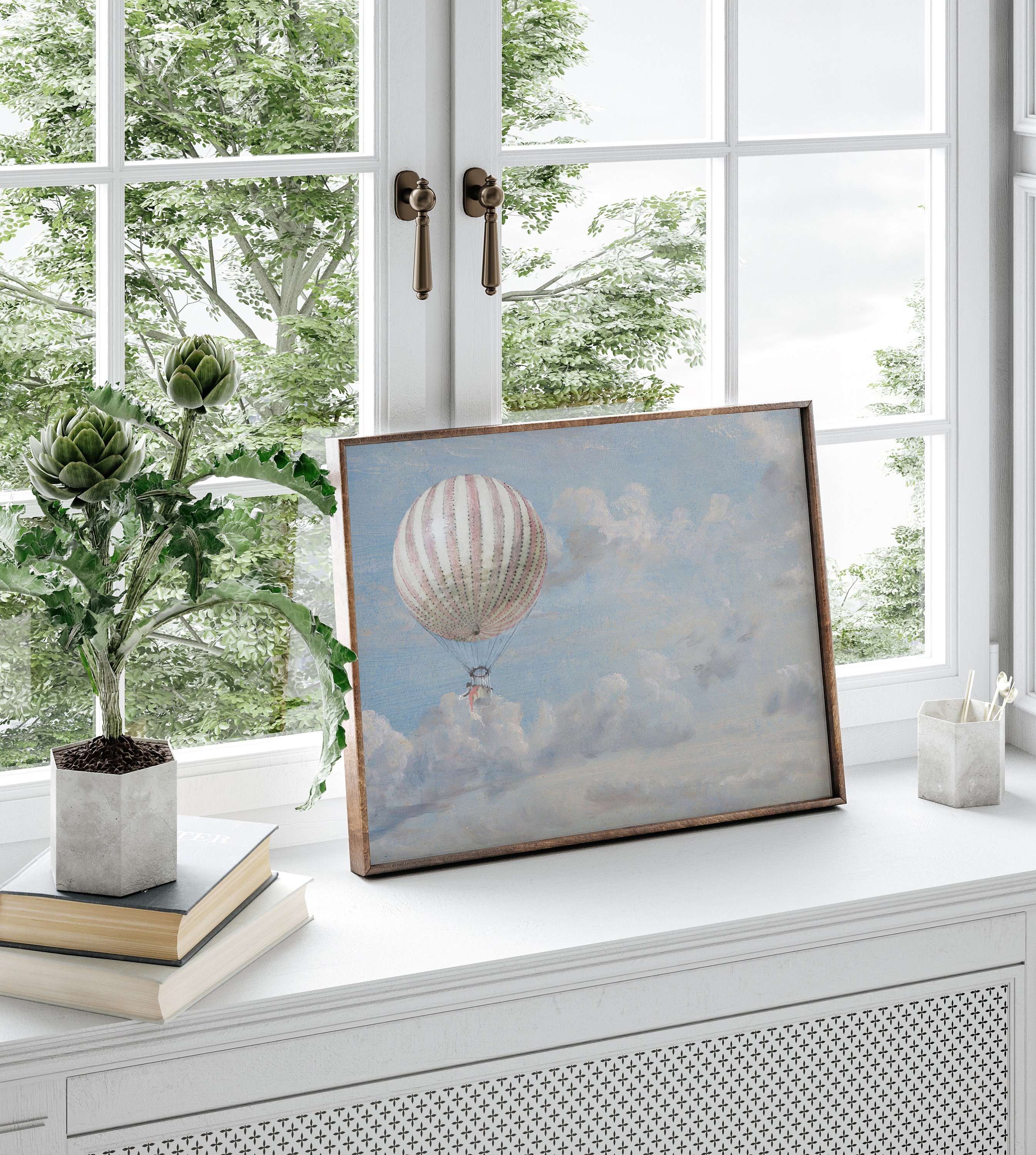 Vintage Whimsical Hot Air Balloon Cottage Nursery Art Print Cloud ...
