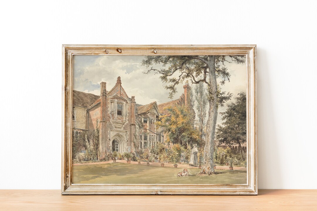 Vintage English Countryside Cottage Garden Landscape Painting | Digital ...