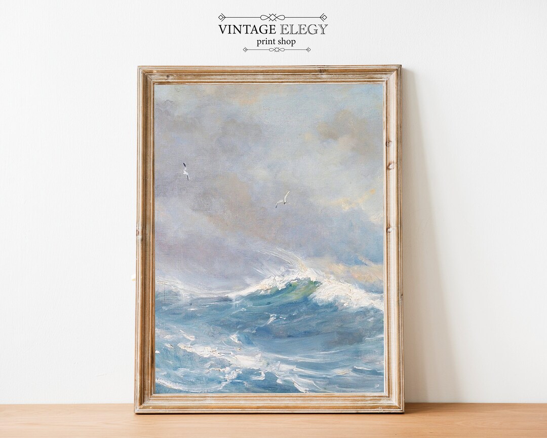 Blue Sea Ocean Painting | Cloud Print | Vintage Nautical Oil Painting ...