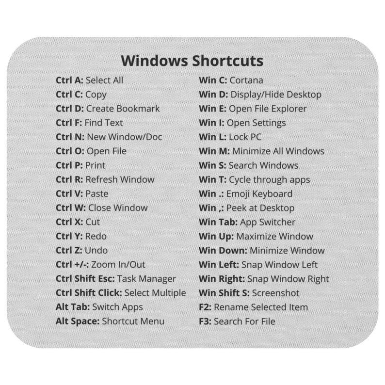 Windows Shortcuts Mousepad (light Edition) - Etsy Ireland