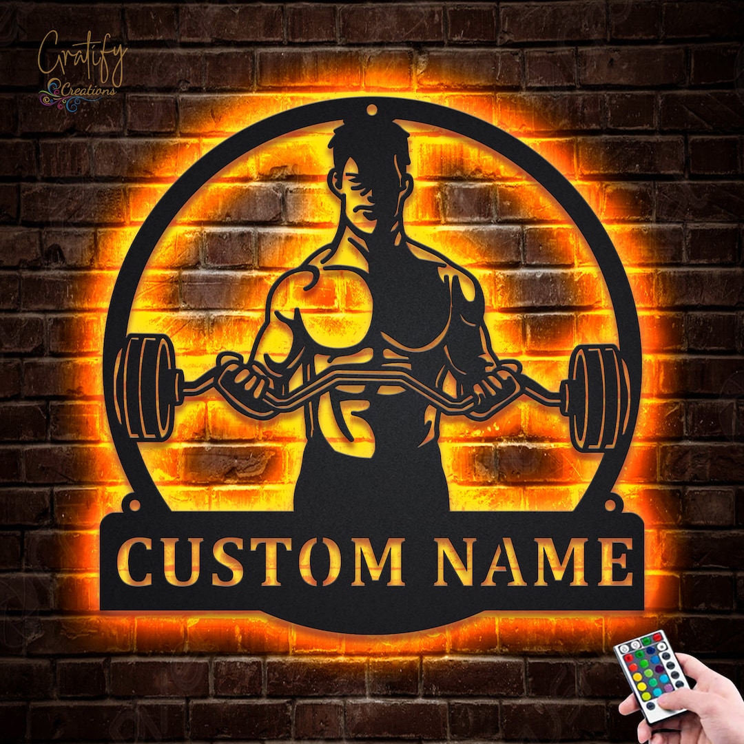 Dumbbell Fitness Metal Sign LED Lights V3, Custom Bodybuilder Metal ...