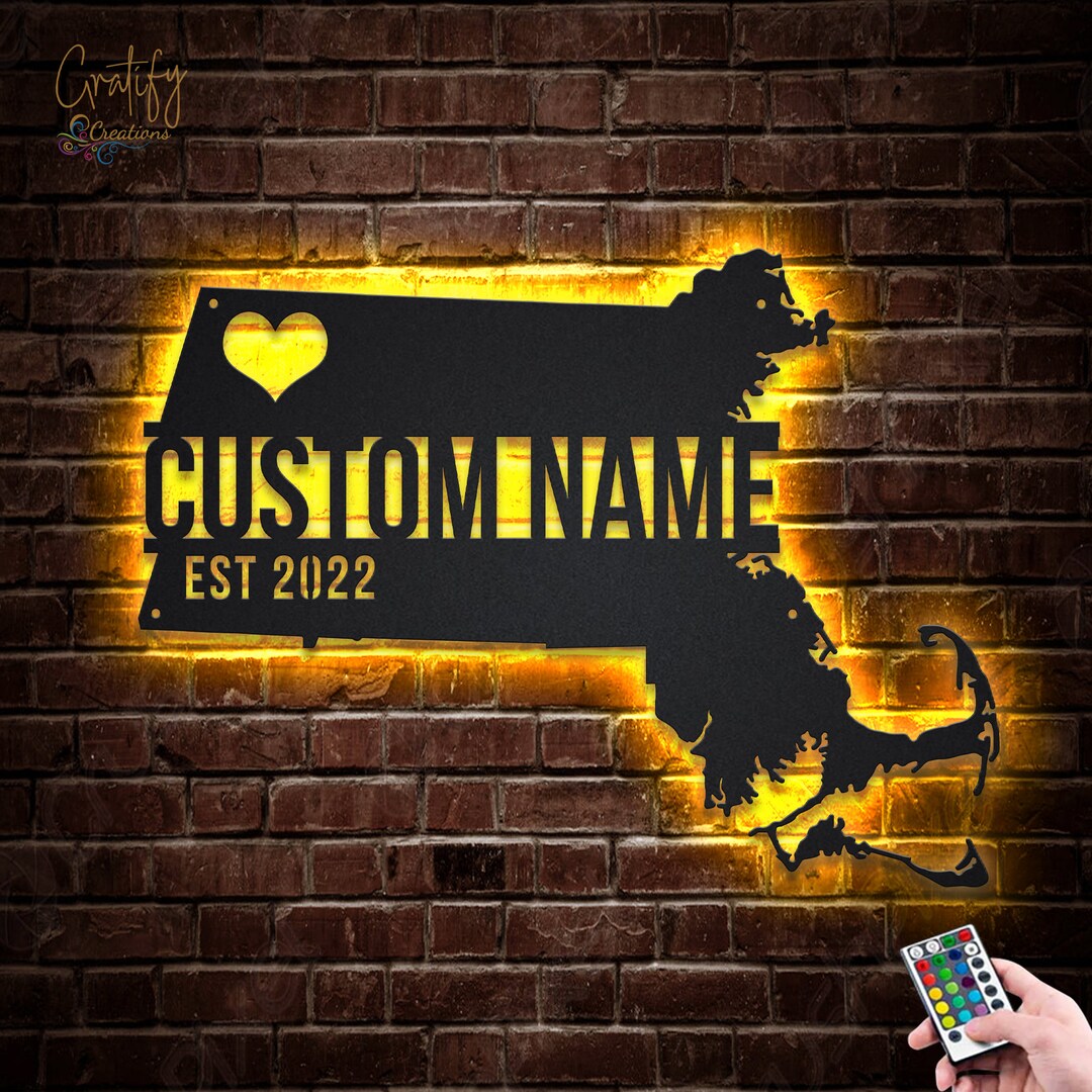 Massachusetts State Map Metal LED Lights, Custom Massachusetts Metal ...