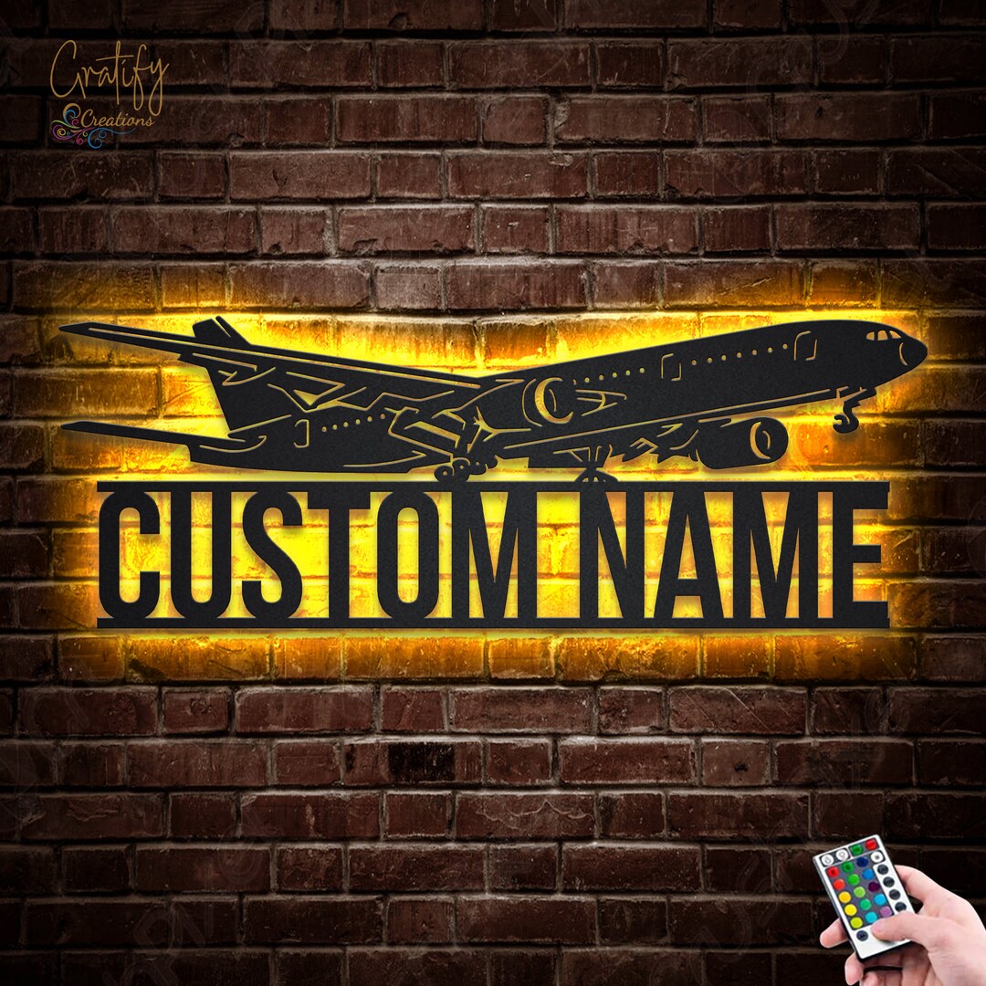 Custom Airplane Metal Wall Art LED Light, Pilot Name Sign Home Decor ...