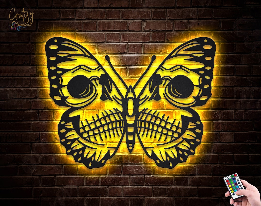 Moth and Butterfly Skull Metal Art - LED Lighted Emo Goth Wall Decor ...