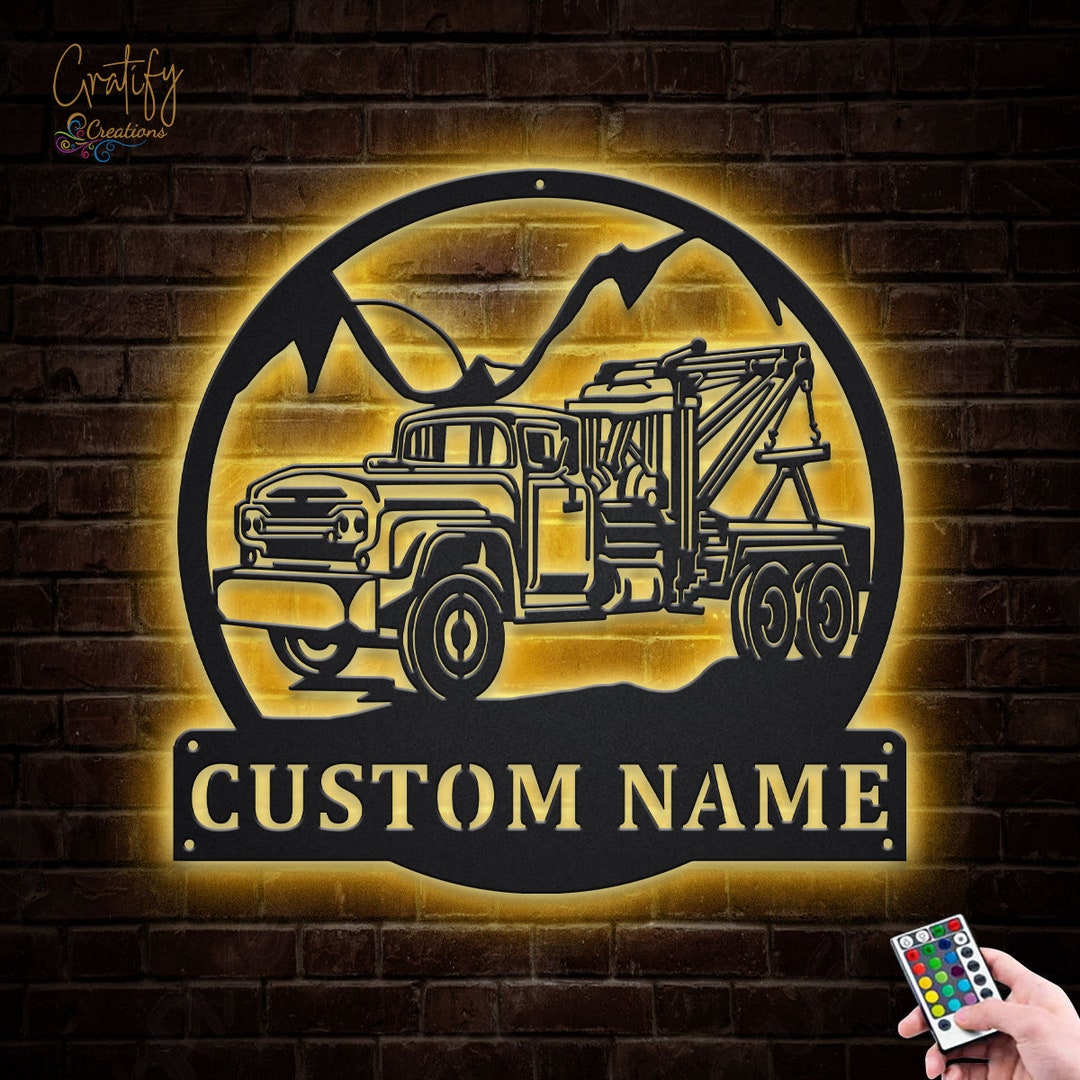 Custom Tow Truck Metal Wall Art With LED Lights, Personalized Tow Truck ...