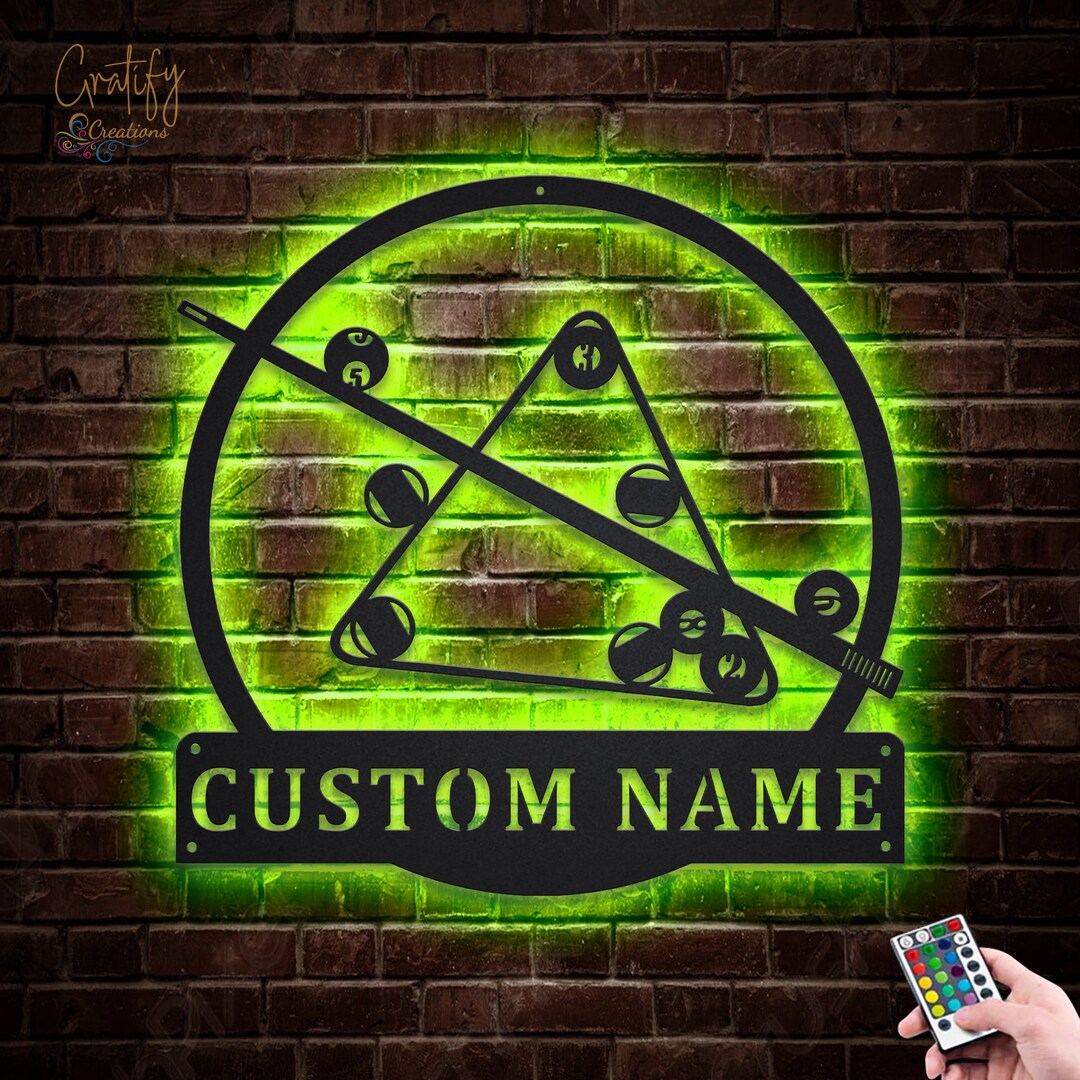 Custom Billiards Metal Wall Art LED Light , Personalized Billiards ...