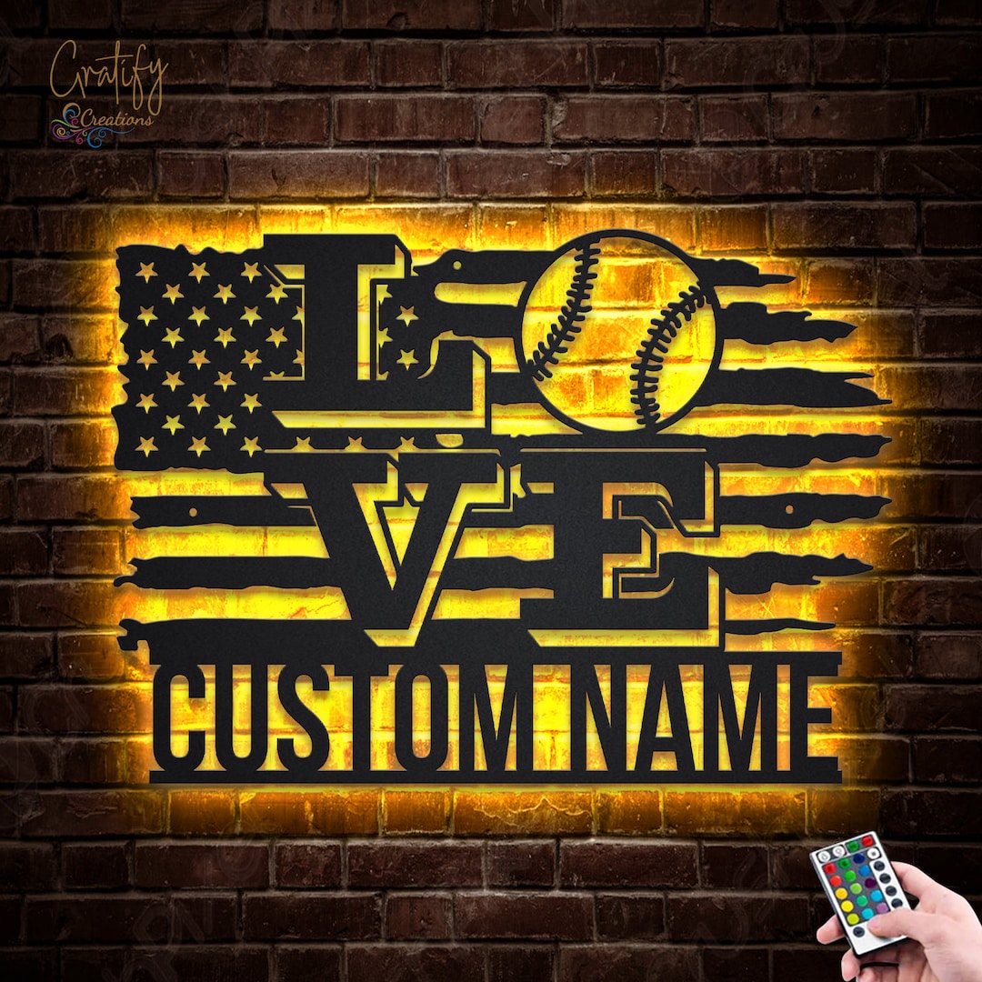US Baseball Metal Wall Art LED Lights V5, Custom Baseball Metal Signs ...