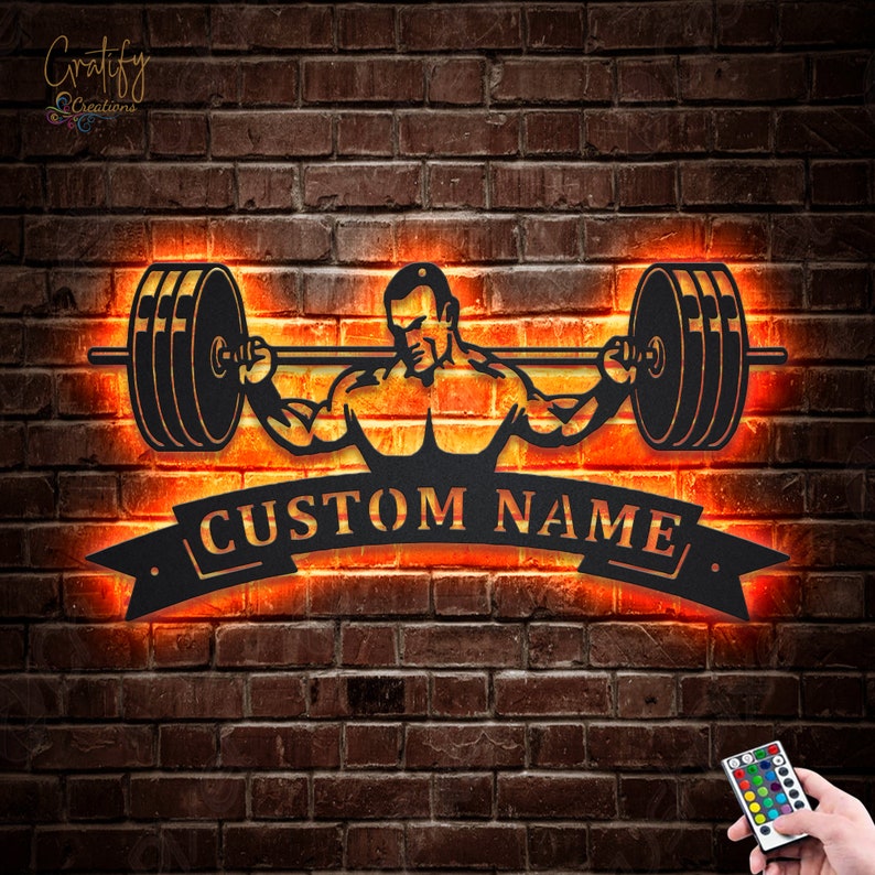 Powerlifting Sport Metal Sign LED Lights V2, Custom Powerlifting Metal ...