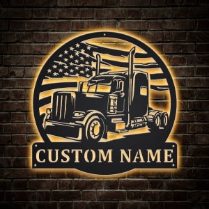 Trucker's Pride LED Metal Wall Art - Personalized US Flag Semi Truck ...
