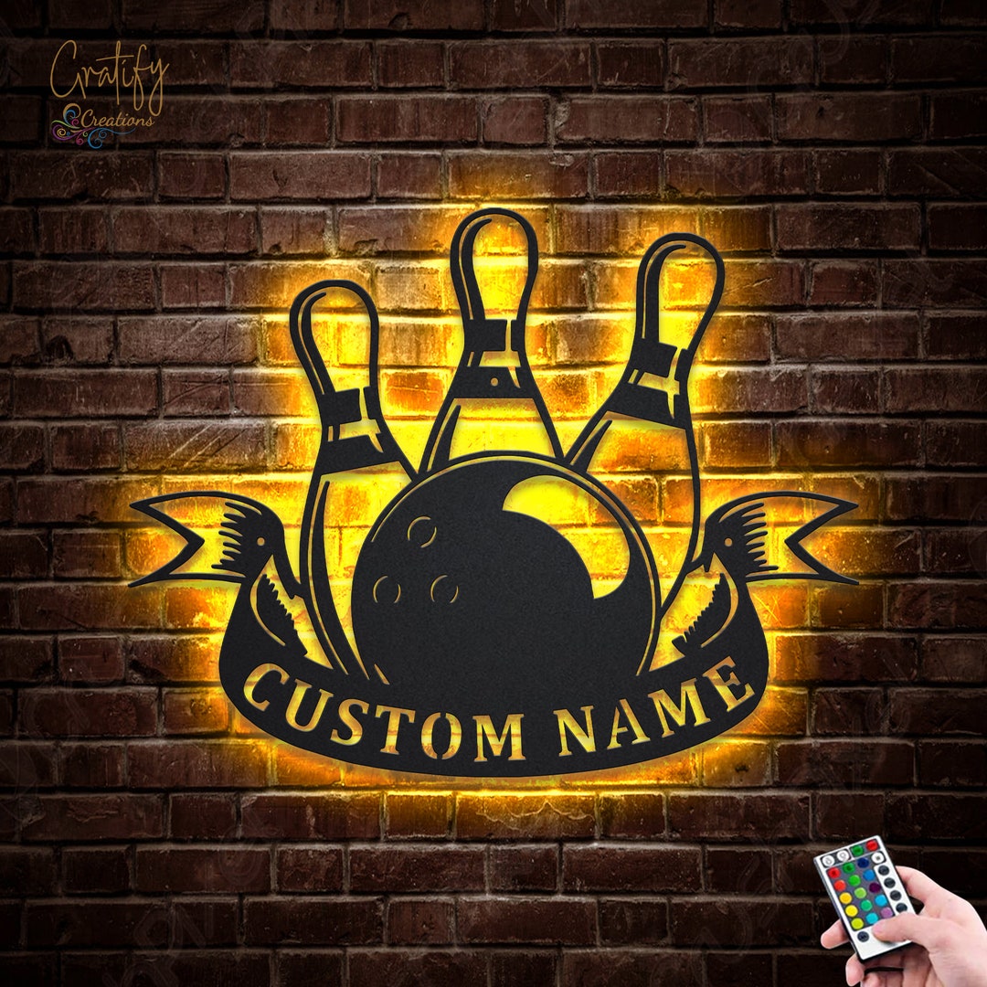 Bowling Monogram Metal Sign LED Lights V4, Custom Bowling Metal Wall ...
