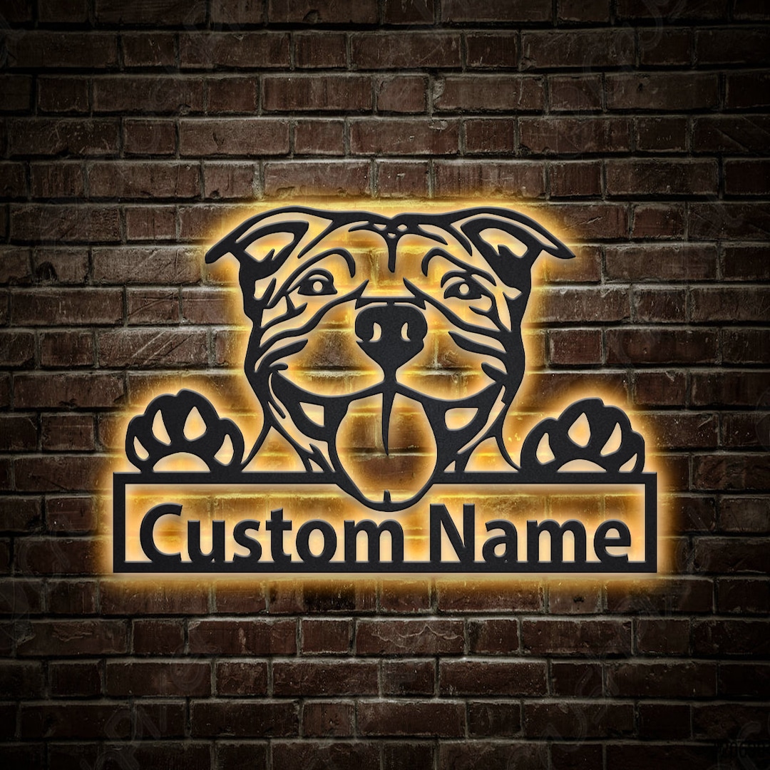 American Pit Bull Dog Metal Sign With LED Lights, Personalized American ...