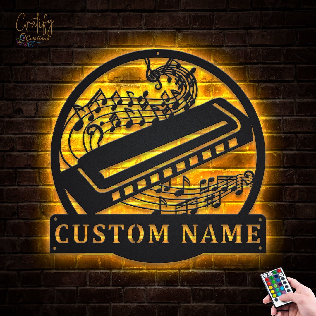 Harmonica Monogram Metal Wall Art LED Lights, Custom Harmonica Metal ...