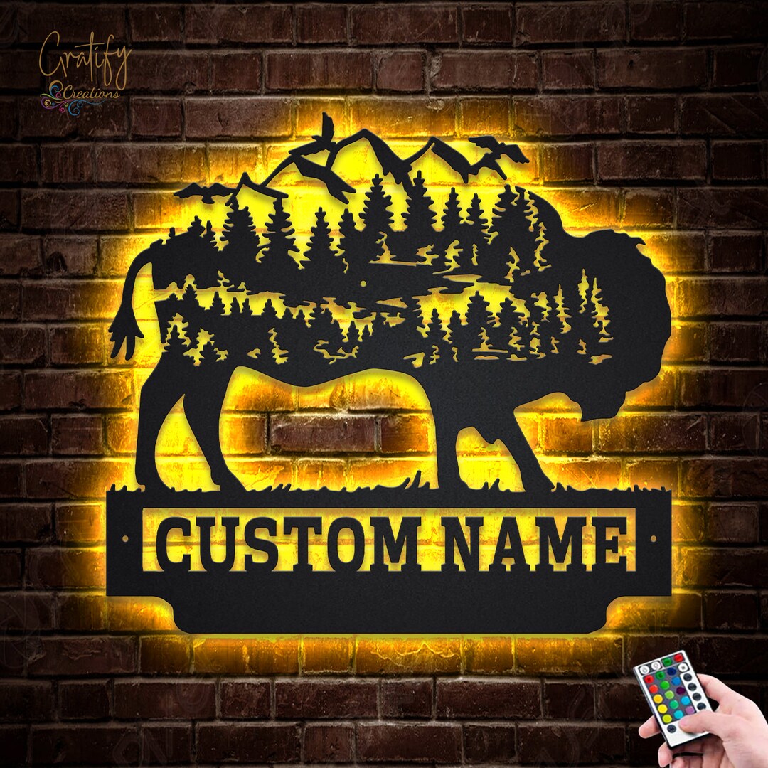 Forest Mountain Bison Metal Sign LED Lights, Custom Mountain Bison Sign ...