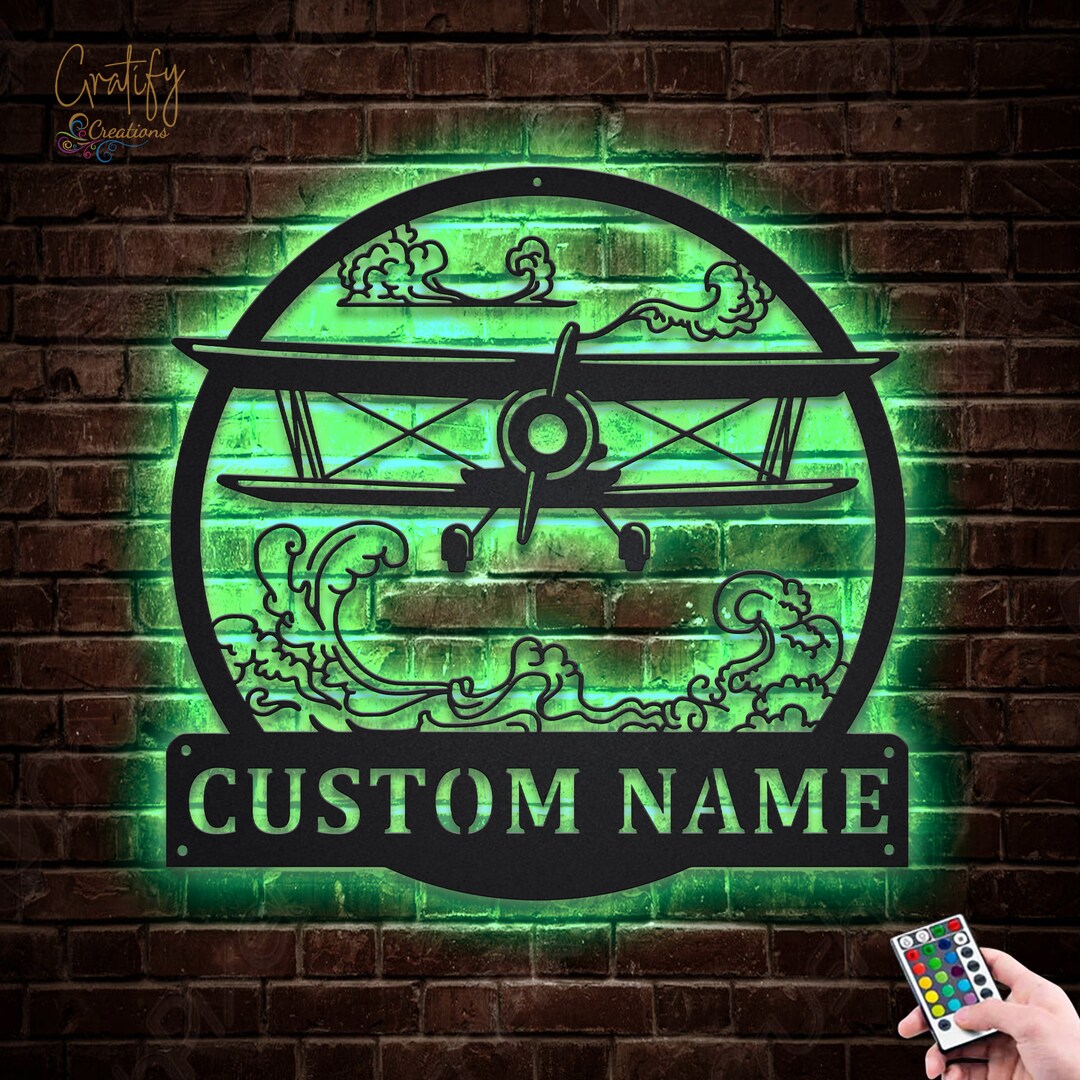 Vintage Airplane Metal Wall Art LED Light, Pilot Name Sign, Airplane ...
