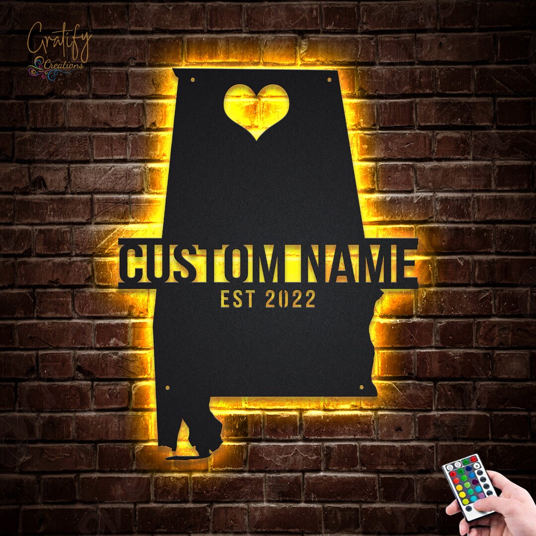 Alabama State Map Metal Sign LED Lights, Custom Alabama State Metal ...