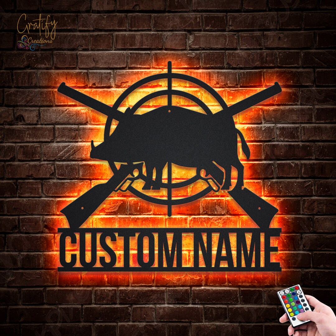 Custom Wild Boar Hunting Metal Wall Art LED RGB Personalized Hunter ...