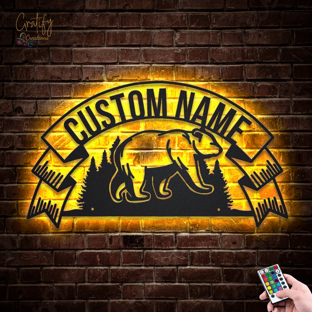 Bear Personalized Metal Sign, Bear in Woods Cabin Sign, Family Name ...