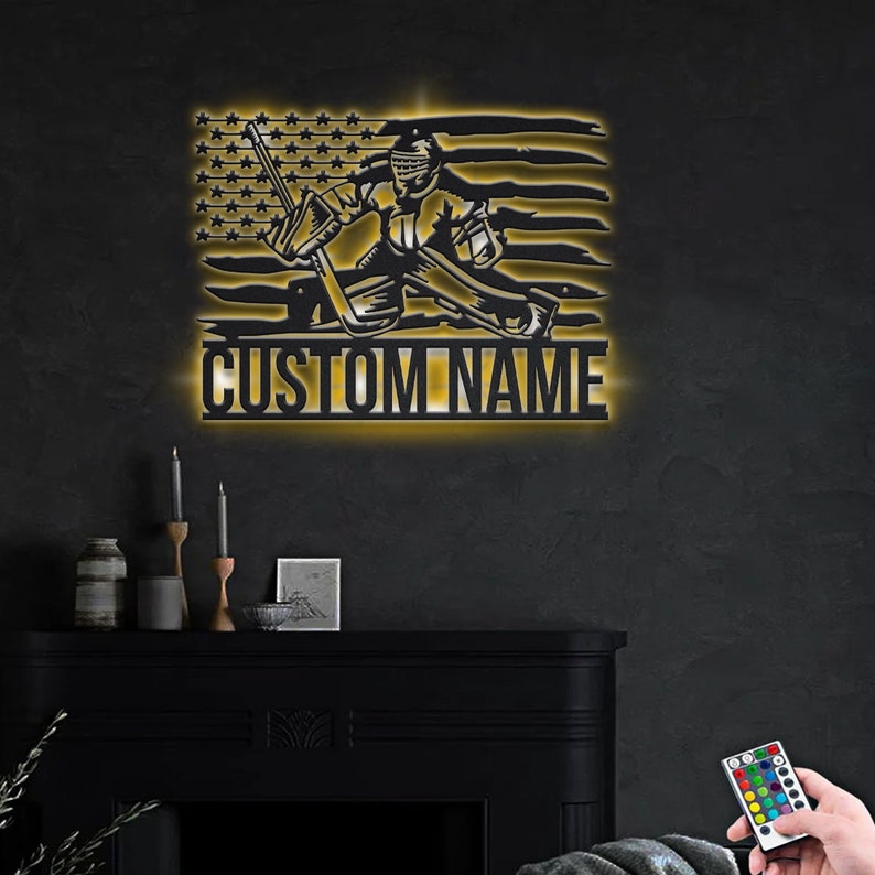 Hockey Goalie Metal Wall Art LED Lights, Personalized Goaltender Hockey ...
