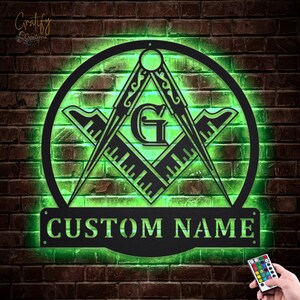 Masonic Freemason Metal Wall Art LED Lights V9, Custom Masonic Metal ...