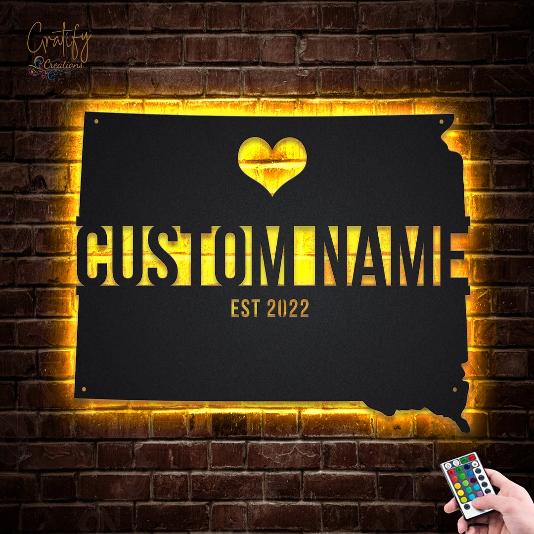 South Dakota State Map Metal LED Lights, Custom South Dakota Metal Wall ...
