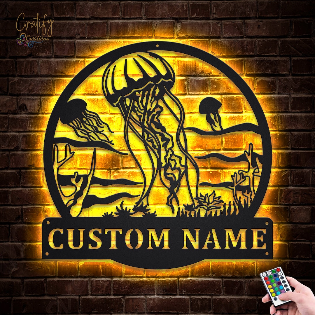 Jellyfish Metal Sign LED Lights V2, Custom Jellyfish Metal Sign ...