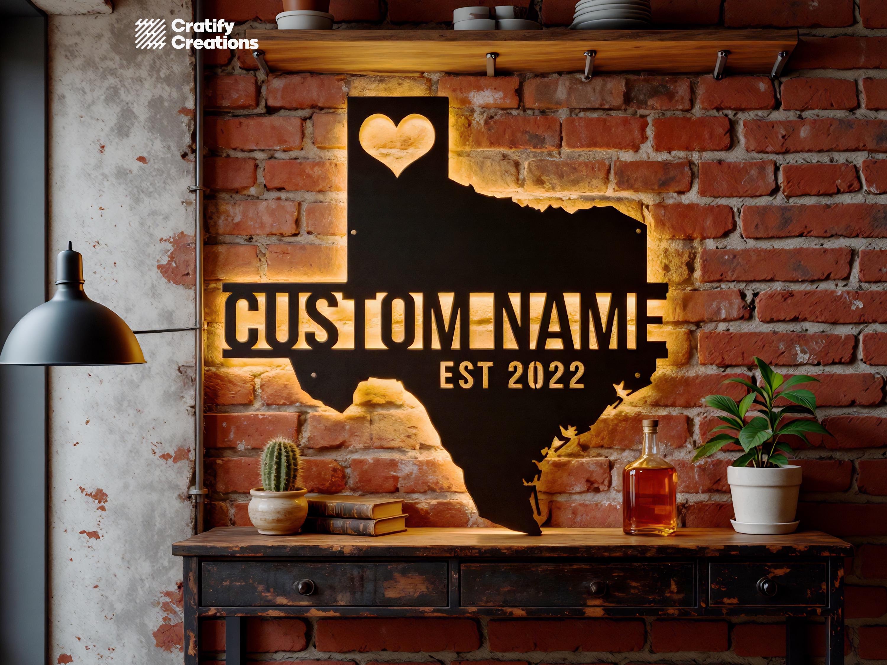Custom Texas State Map Metal Wall Sign With LED Lights – Born in Texas ...