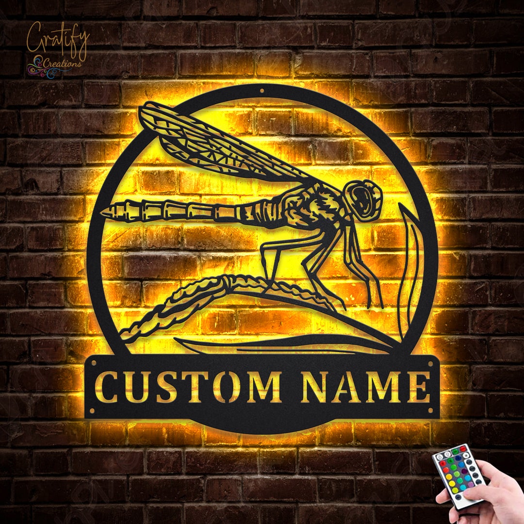 Dragonfly Monogram Metal Sign LED Lights V3, Custom Dragonfly Sign ...