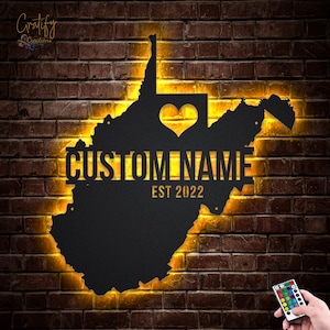 West Virginia State Map Metal LED Lights, Custom West Virginia Metal ...
