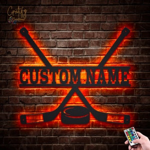 Hockey Stick Custom Metal Wall Art LED Lights, Personalized Hockey ...