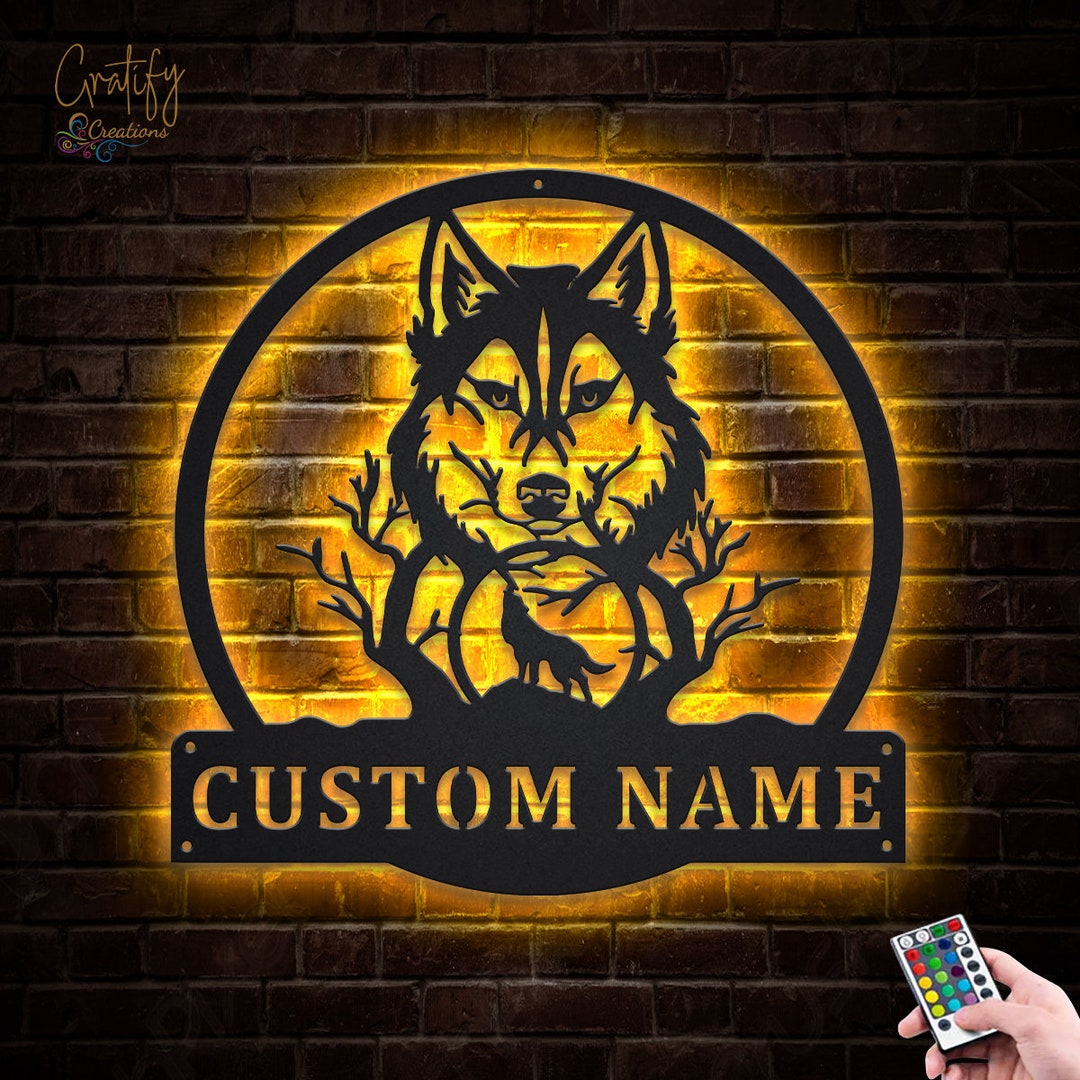 Custom Wolf Monogram Metal Sign With LED Lights,wolf Metal Wall Art ...