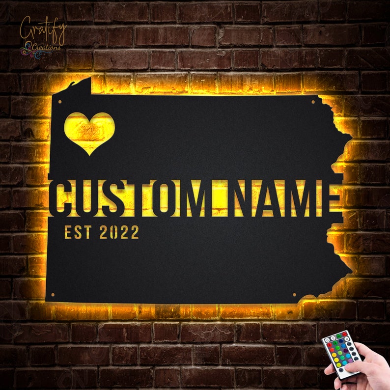 Pennsylvania State Map Metal LED Lights, Custom Pennsylvania Metal Wall ...